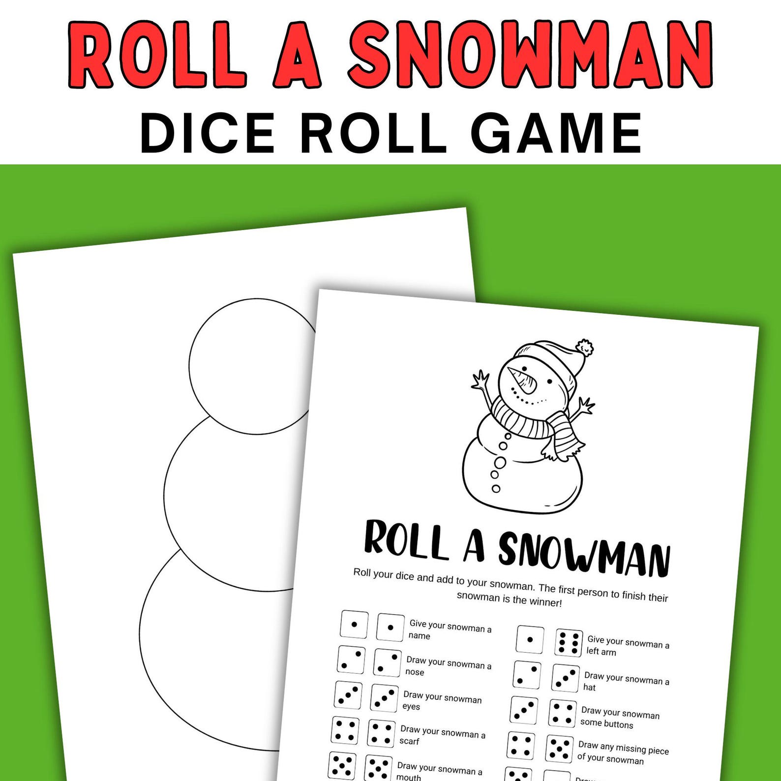 Christmas Roll A Snowman Game Printable Christmas Dice Game Build A ...