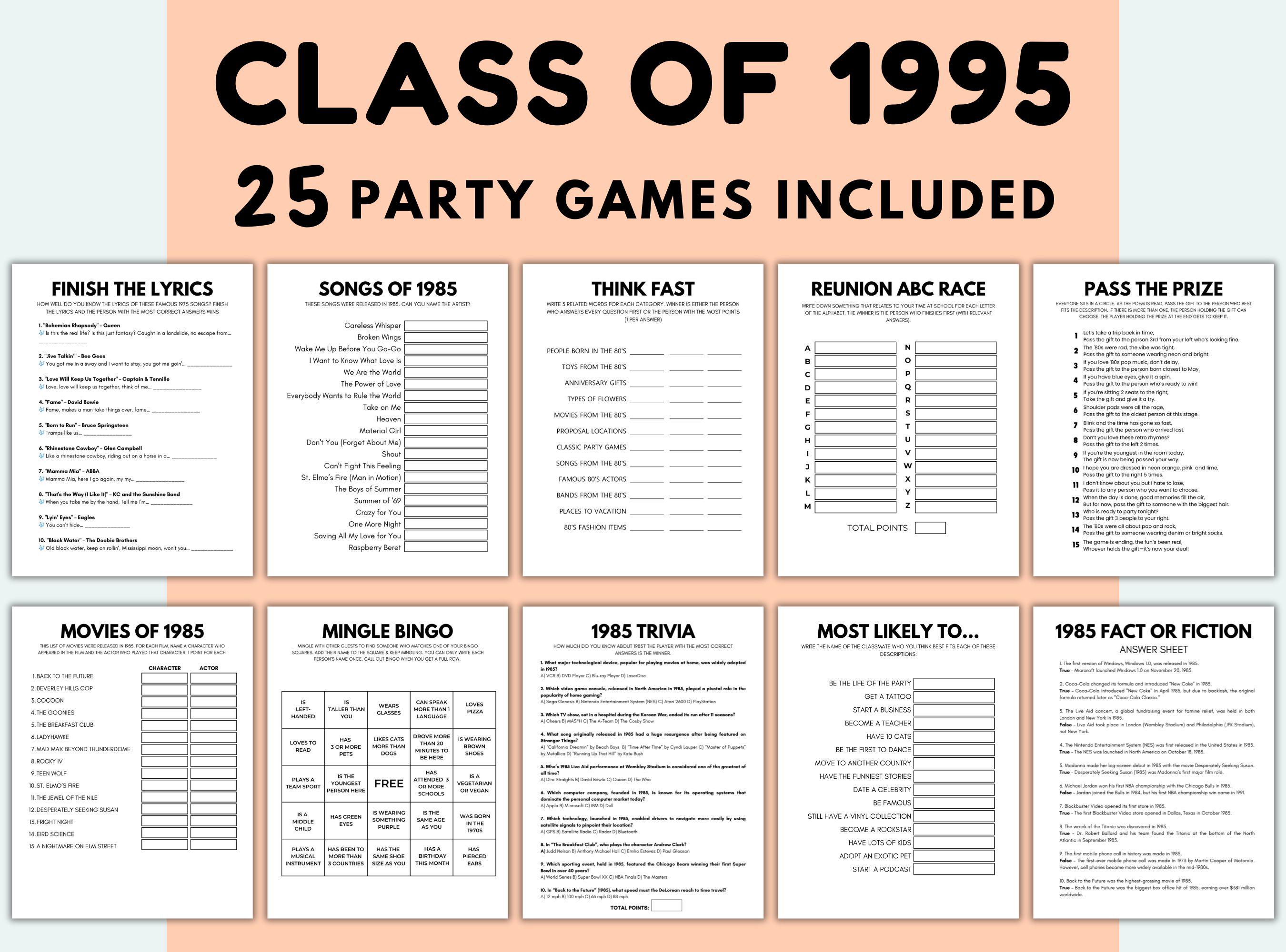 30th Reunion Games Printable Class of 1995 Games Graduated in 1995 ...