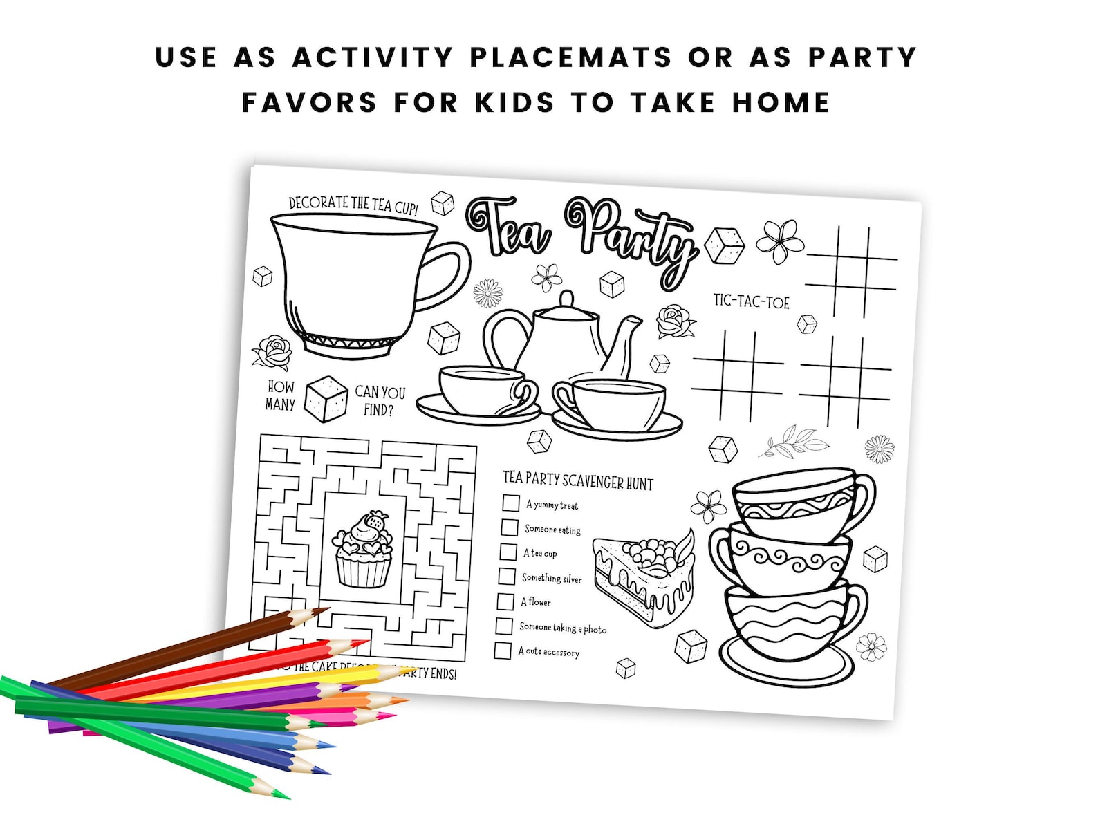 Tea Party Activity Placemat Printable Tea Party Coloring Placemat High ...
