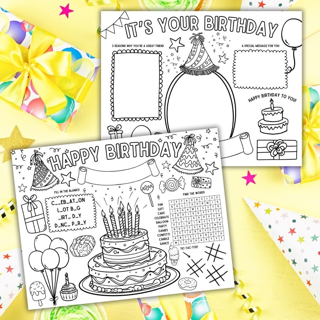 Birthday Activity Placemat Printable Birthday Activity Sheet Birthday ...