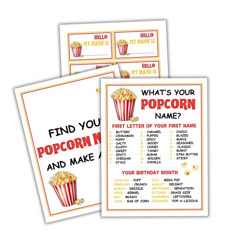 What's Your Popcorn Name Party Game Printable Movie Night Party Game ...