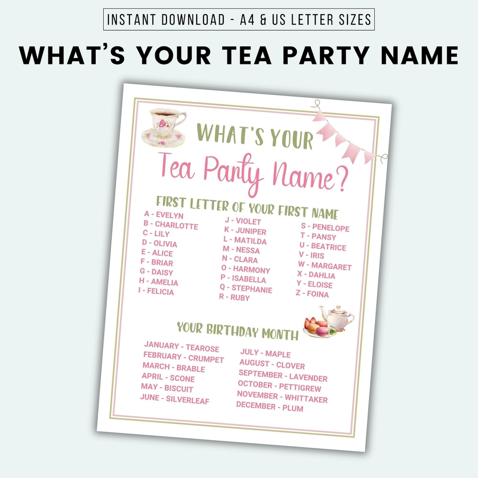 What's Your Tea Party Name Party Game Printable Tea Party Game Tea ...