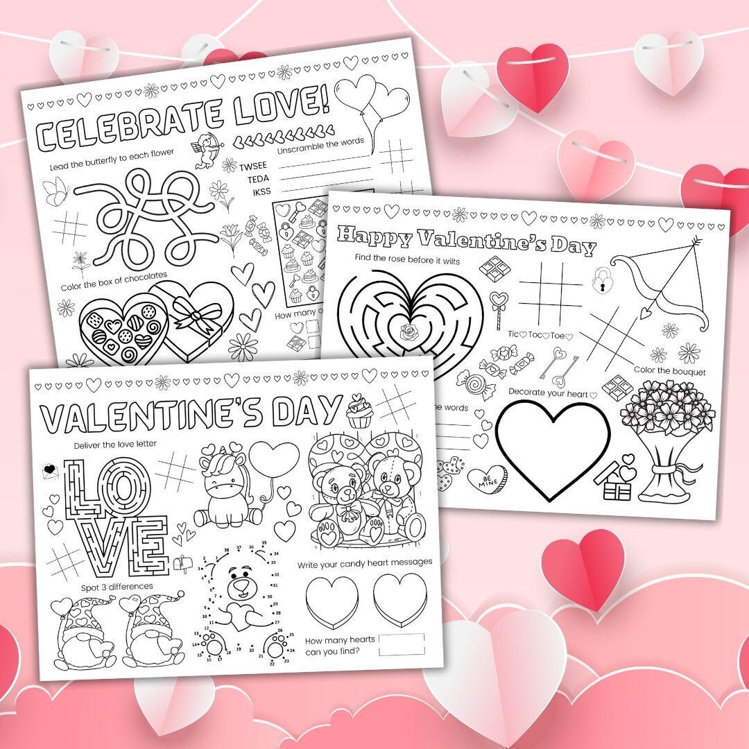Valentine Activity Placemat Printable Valentine's Day Coloring Placemat ...
