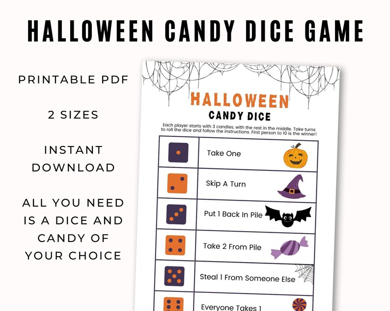Halloween Candy Dice Game, Printable Halloween Game for Kids, Halloween ...