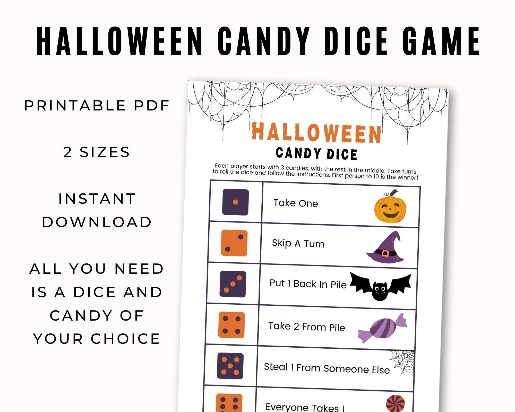 Halloween Candy Dice Game, Printable Halloween Game for Kids, Halloween ...