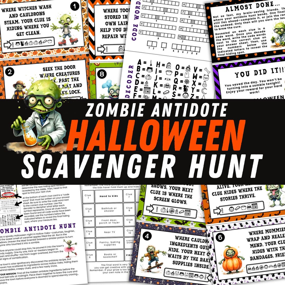 Halloween Scavenger Hunt Printable Indoor Halloween Treasure Hunt Clues ...