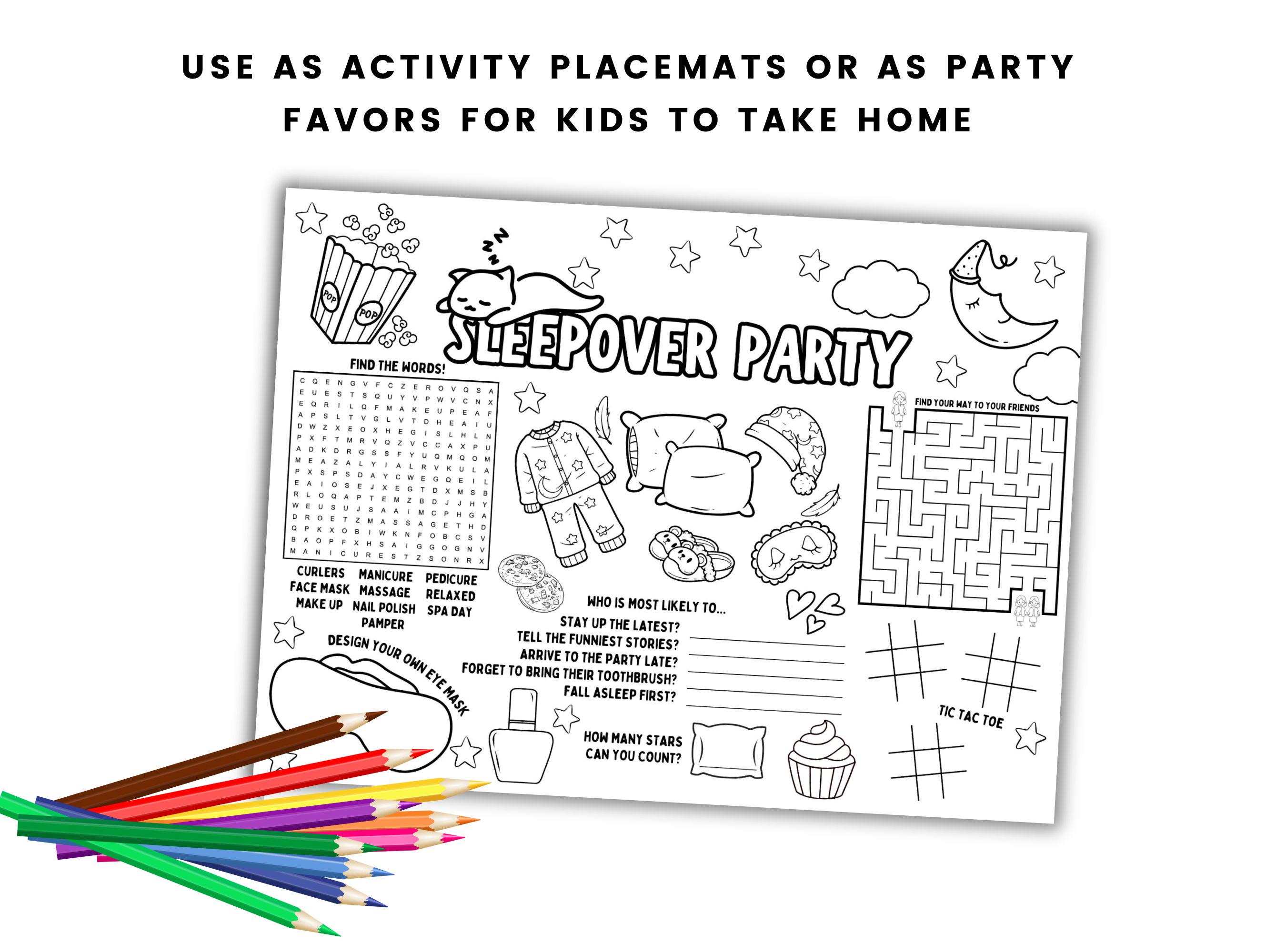 Sleepover Party Activity Placemat Printable Slumber Party Coloring ...