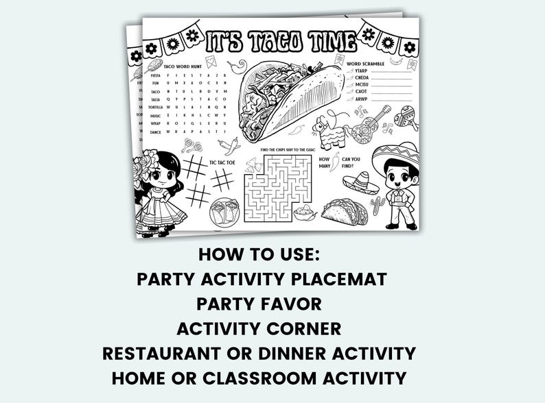Taco Party Activity Placemat Printable Fiesta Coloring Placemat Fiesta ...