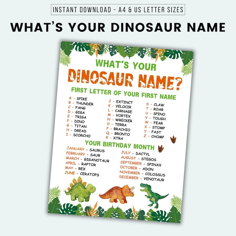 What's Your Dinosaur Name Party Game Printable Dinosaur Party Game ...