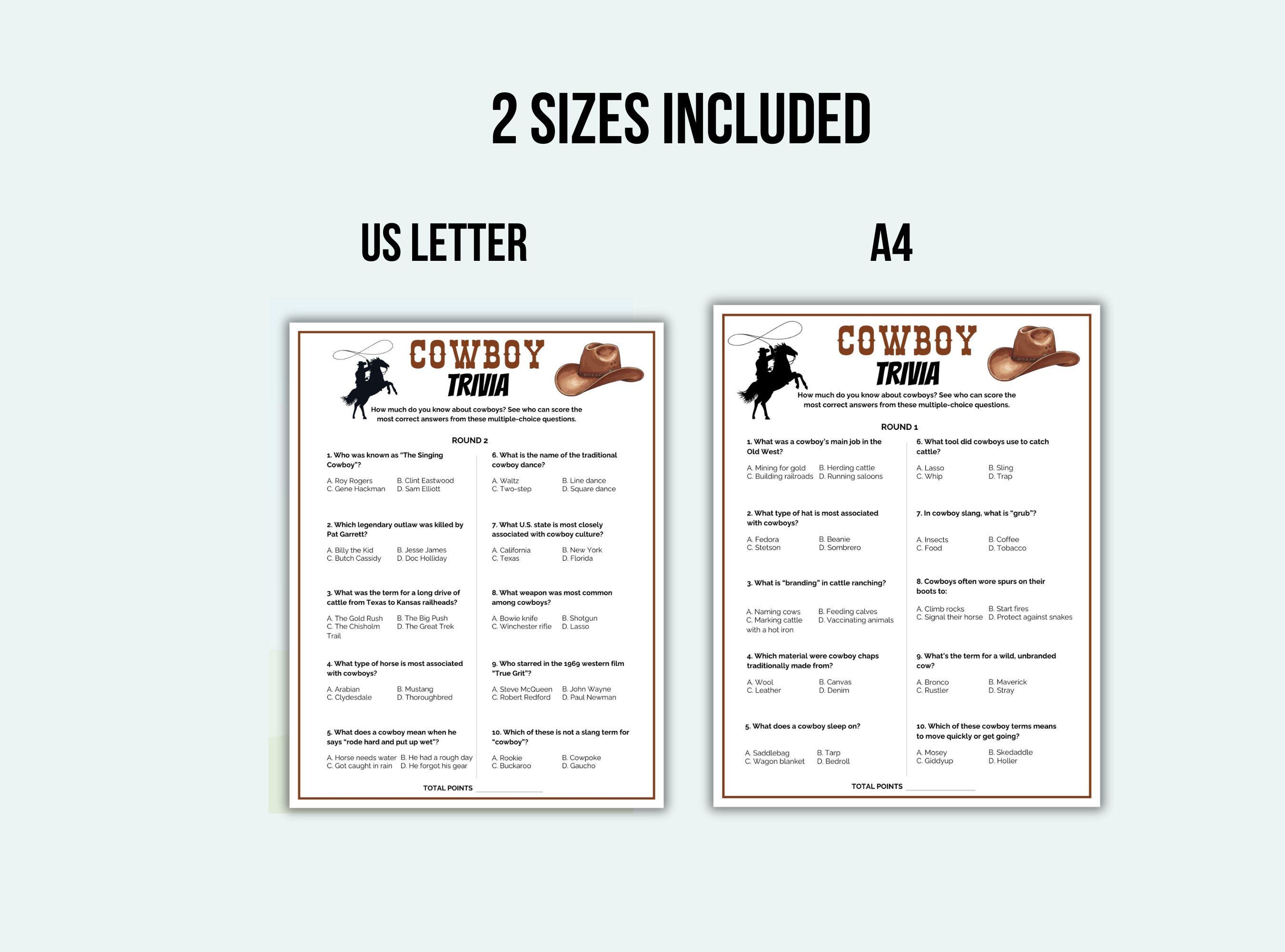 Cowboy Trivia Cowboy Party Game Printable Cowboy Game Cowboy Quiz ...