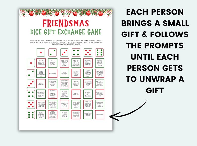 Friendsmas Gift Exchange Game Printable Christmas Game Christmas Dice ...