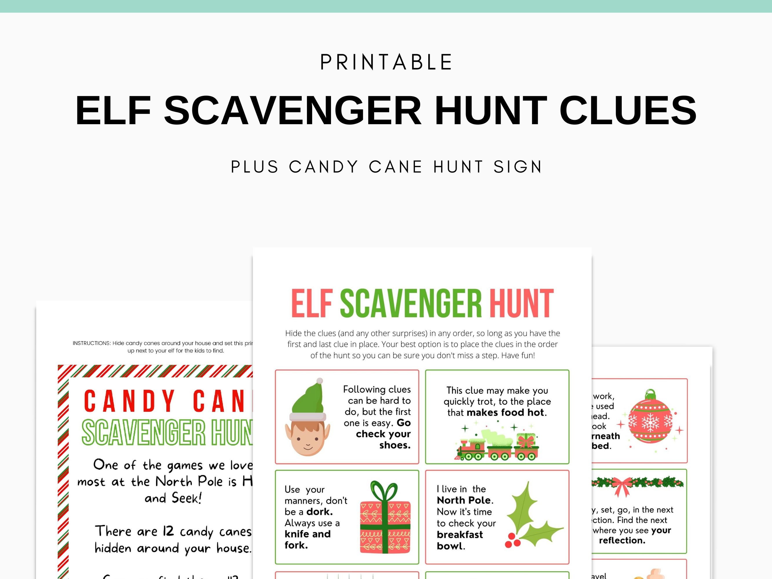 Printable Elf Scavenger Hunt Clues Elf Candy Cane Hunt Sign Christmas ...