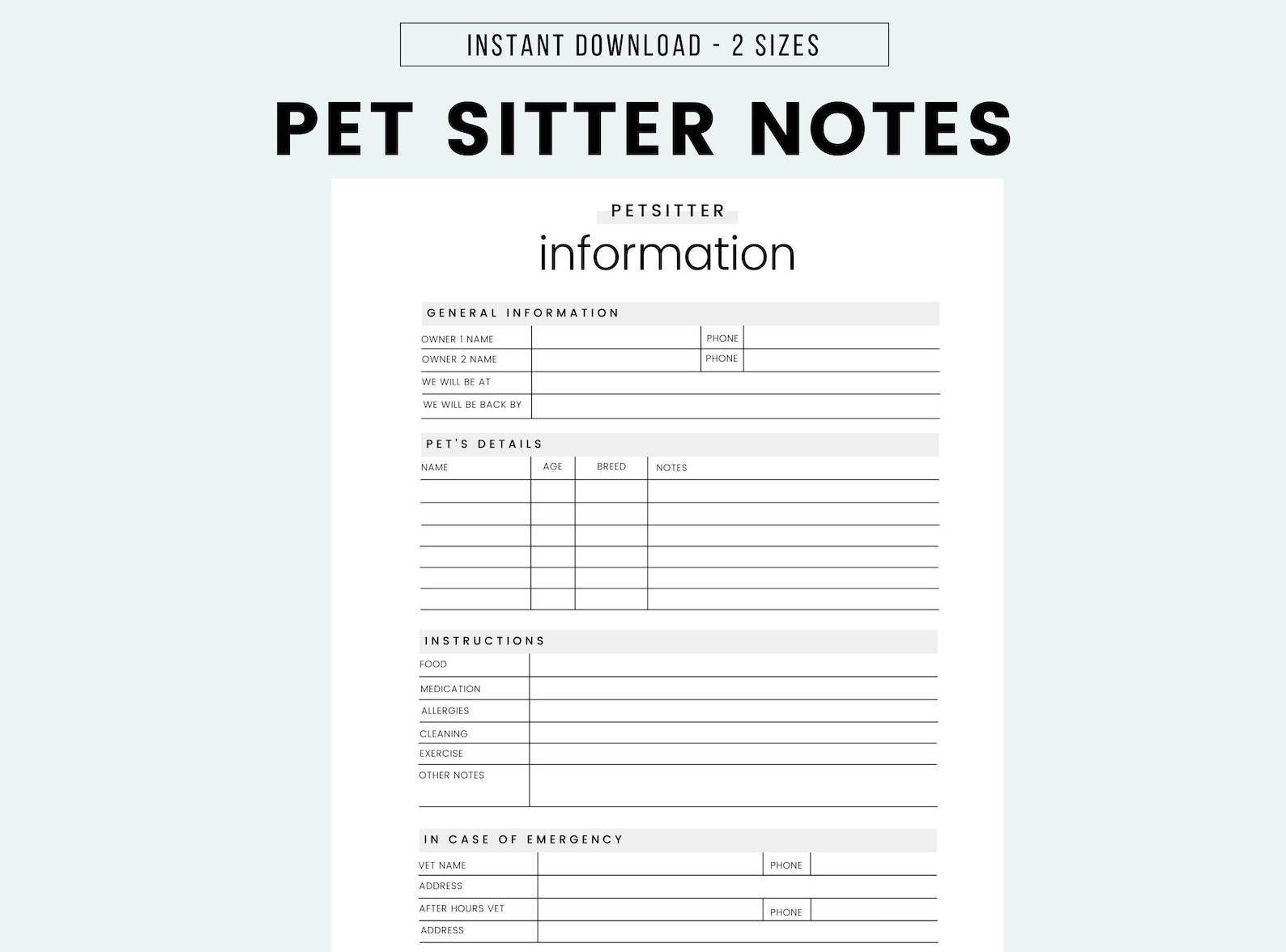 Pet Sitting Form Printable Pet Sitter Instructions Petsitter Checklist ...
