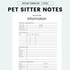 Pet Sitting Form Printable Pet Sitter Instructions Petsitter Checklist ...