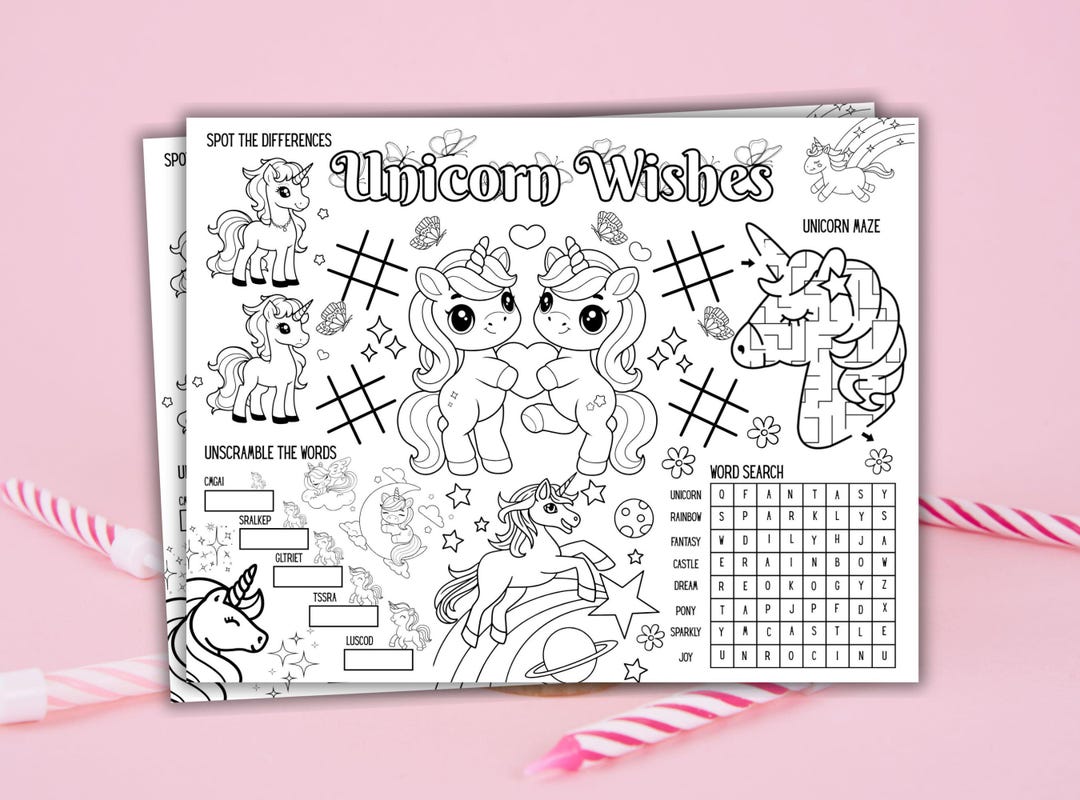 Unicorn Party Activity Placemat Printable Unicorn Coloring Placemat ...