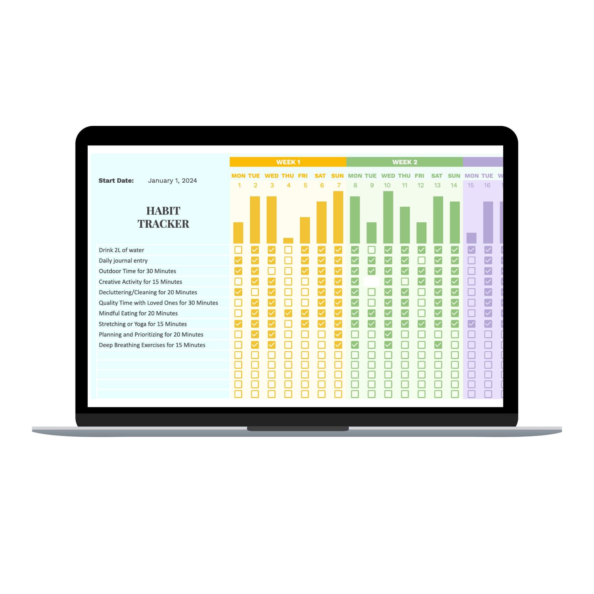 Simple Habit Tracker Spreadsheet With Bar Graph Habit Tracking ...