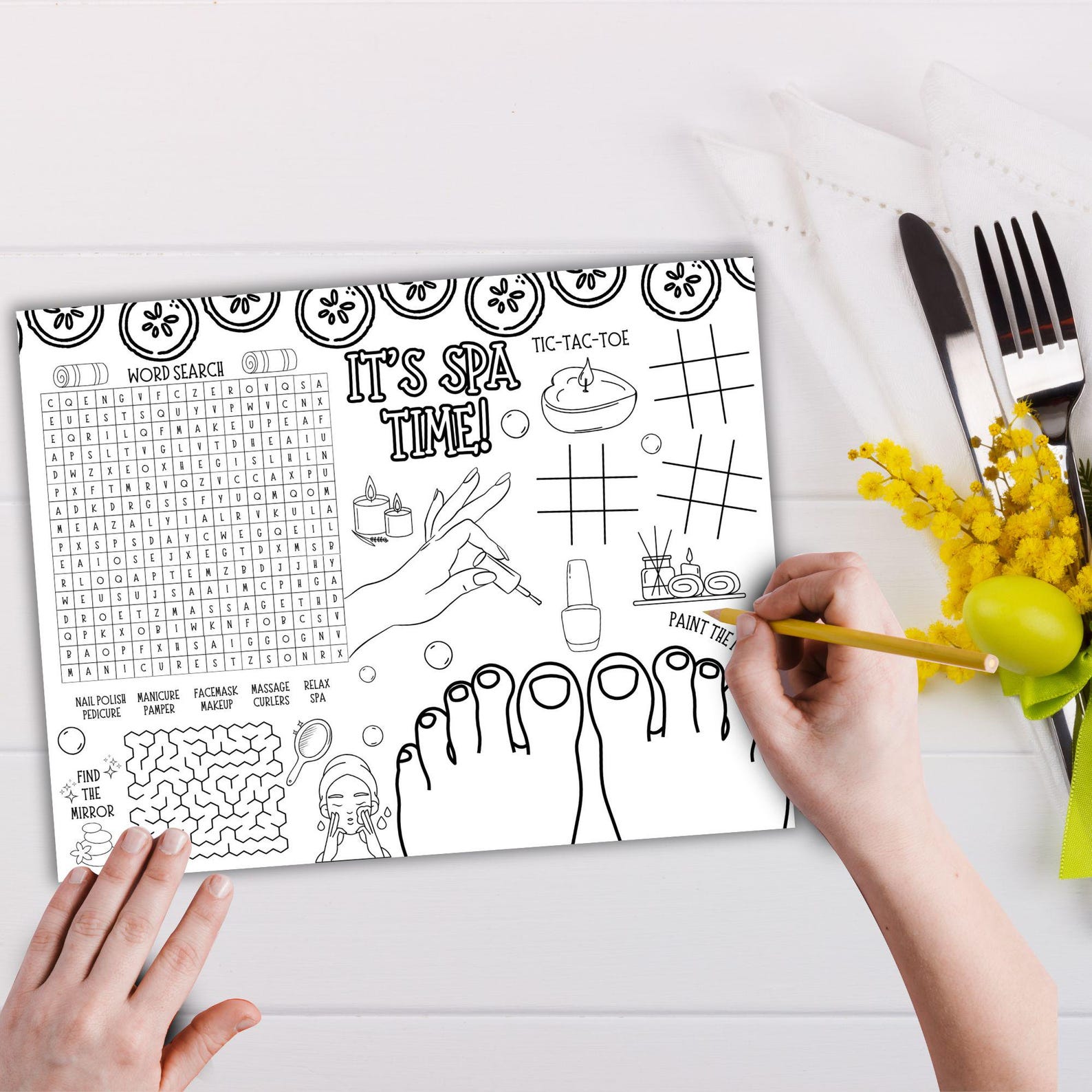 Spa Party Activity Placemat Printable Spa Party Coloring Placemat ...