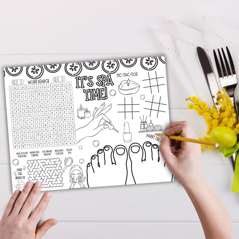 Spa Party Activity Placemat Printable Spa Party Coloring Placemat ...