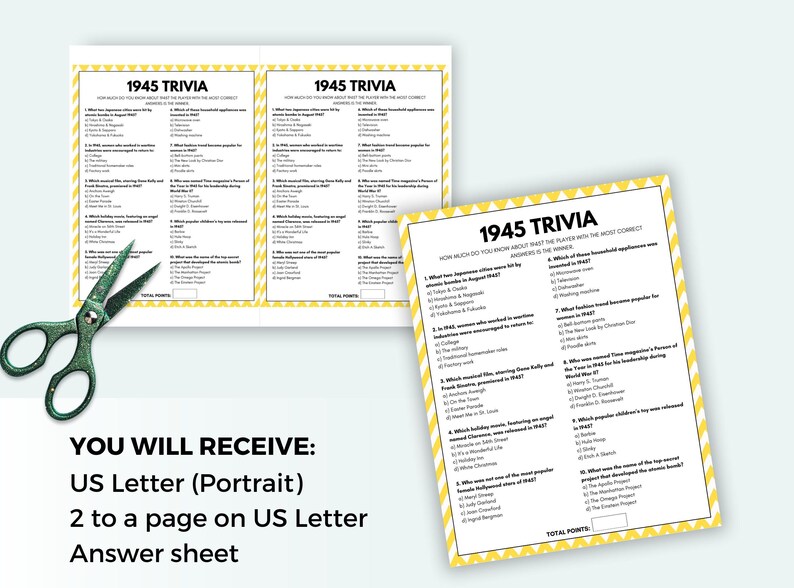 1945 Trivia Game Printable 80th Birthday Games Born in 1945 Games ...