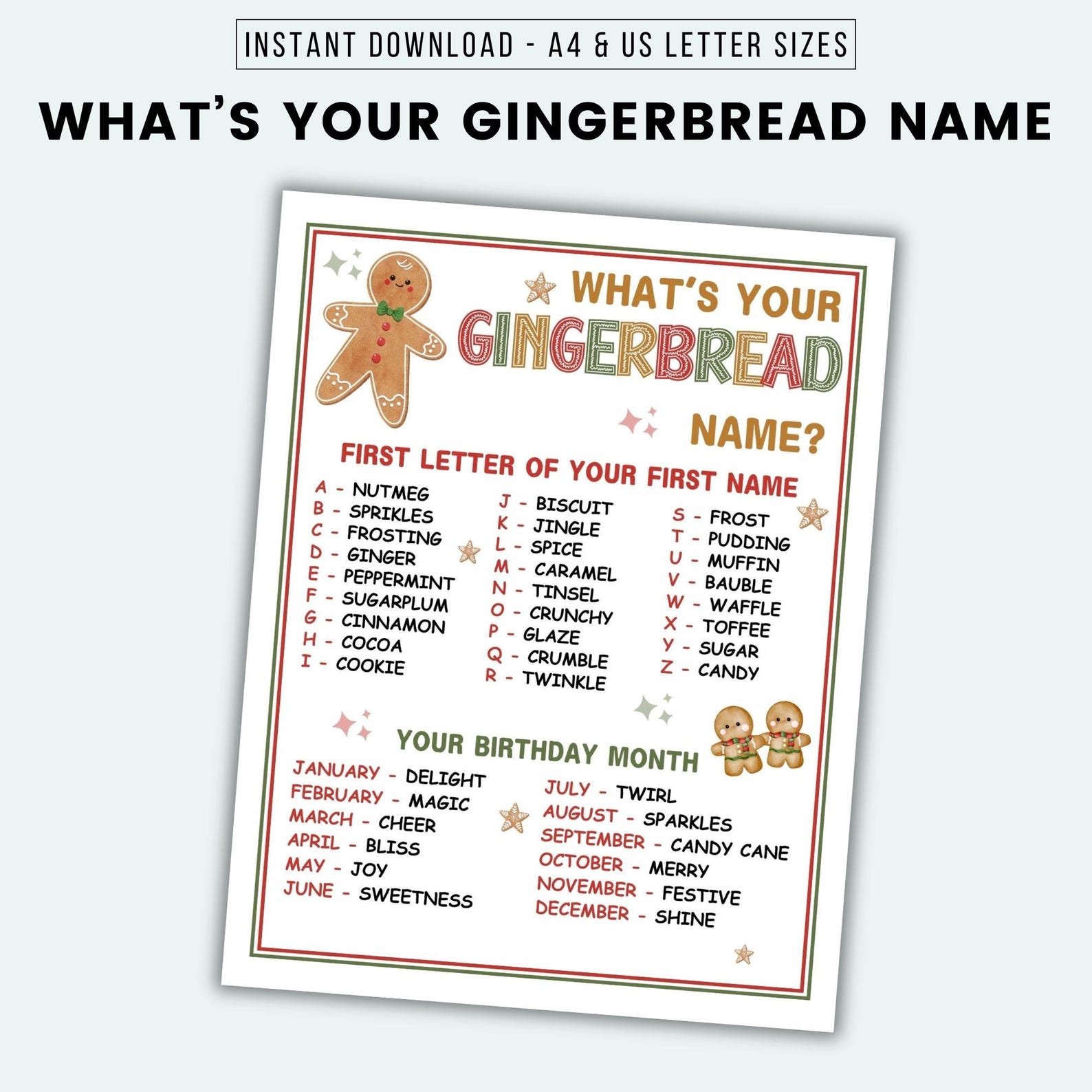 What's Your Gingerbread Name Party Game Printable Christmas Game ...