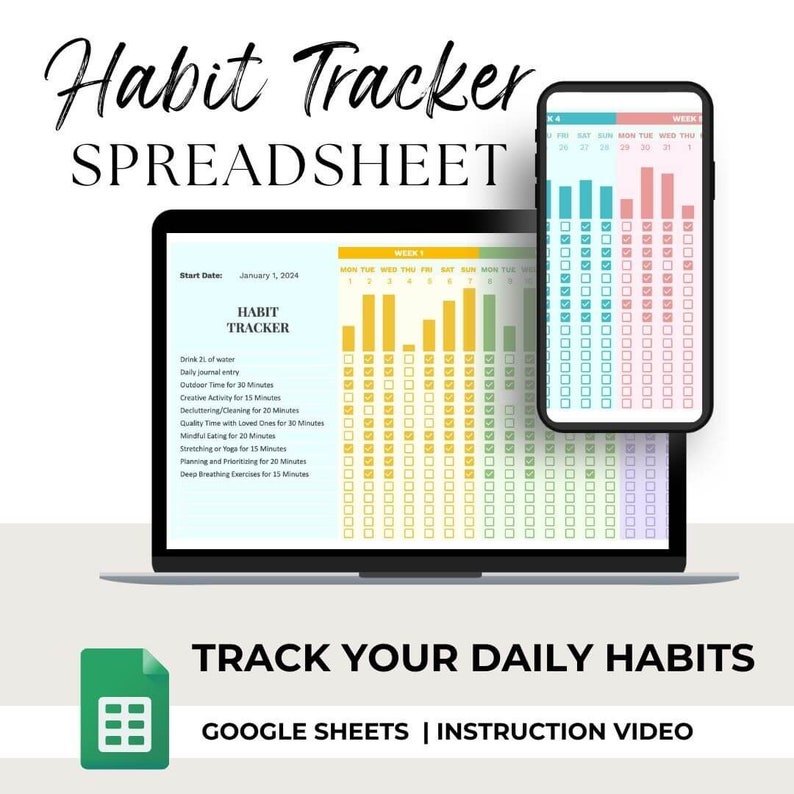 Simple Habit Tracker Spreadsheet With Bar Graph Habit Tracking ...