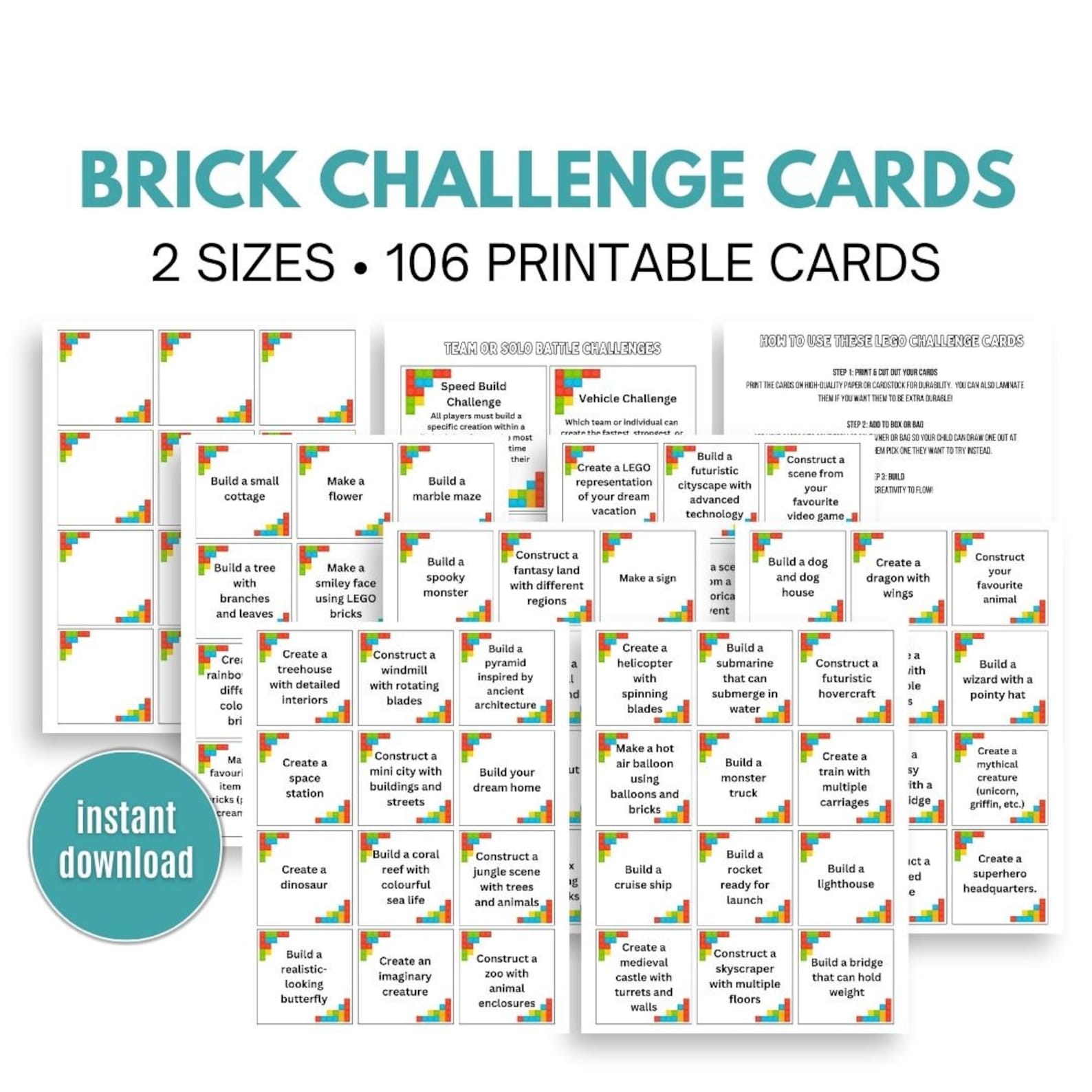 Brick Building Challenge Cards Printable Brick Challenges for Kids ...