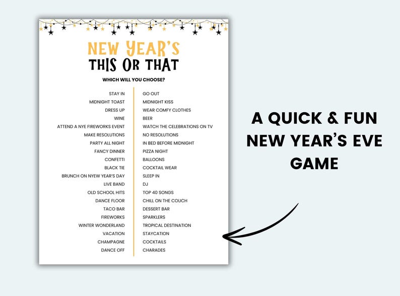 New Years This or That Game Printable New Years Eve Game New Years ...