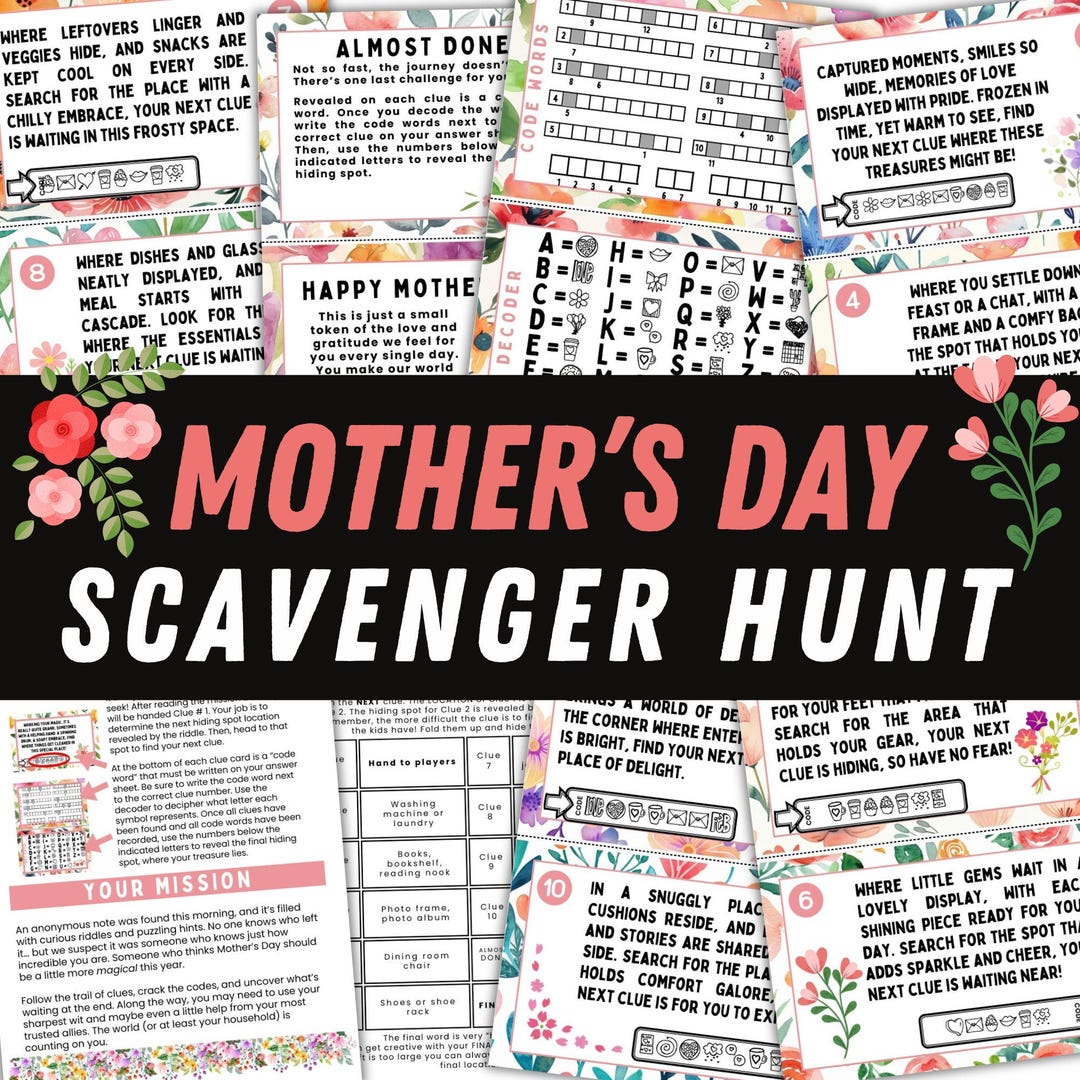 Mother's Day Scavenger Hunt Printable Mother's Day Treasure Hunt Clues ...