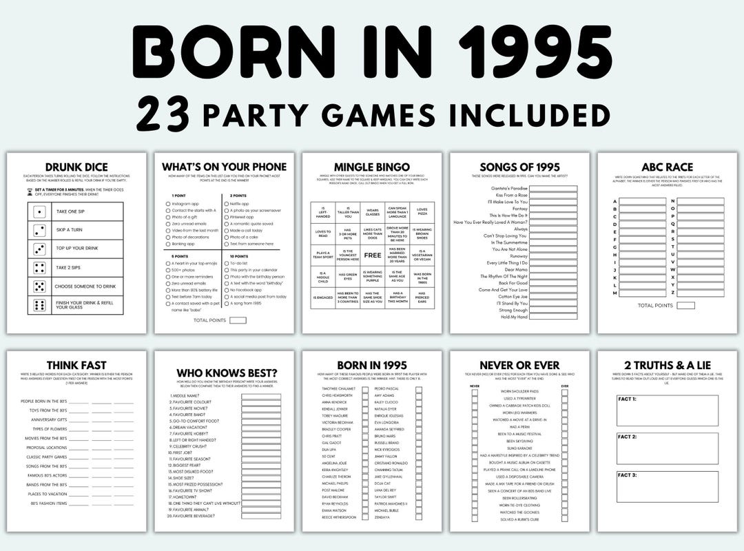 30th Birthday Games Printable Born in 1995 Games Born in 1995 Birthday ...