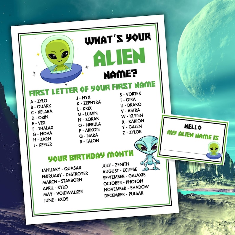 What's Your Alien Name Party Game Printable Alien Party Game Alien Name ...
