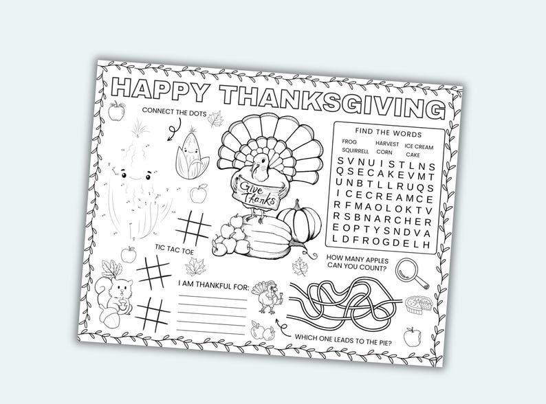 Thanksgiving Activity Placemat Printable Thanksgiving Coloring Placemat ...