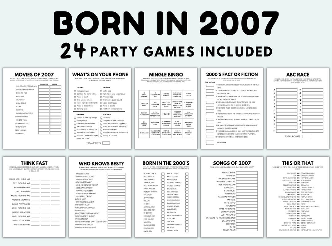 18th Birthday Games Printable Born in 2007 Games Born in 2007 Birthday ...
