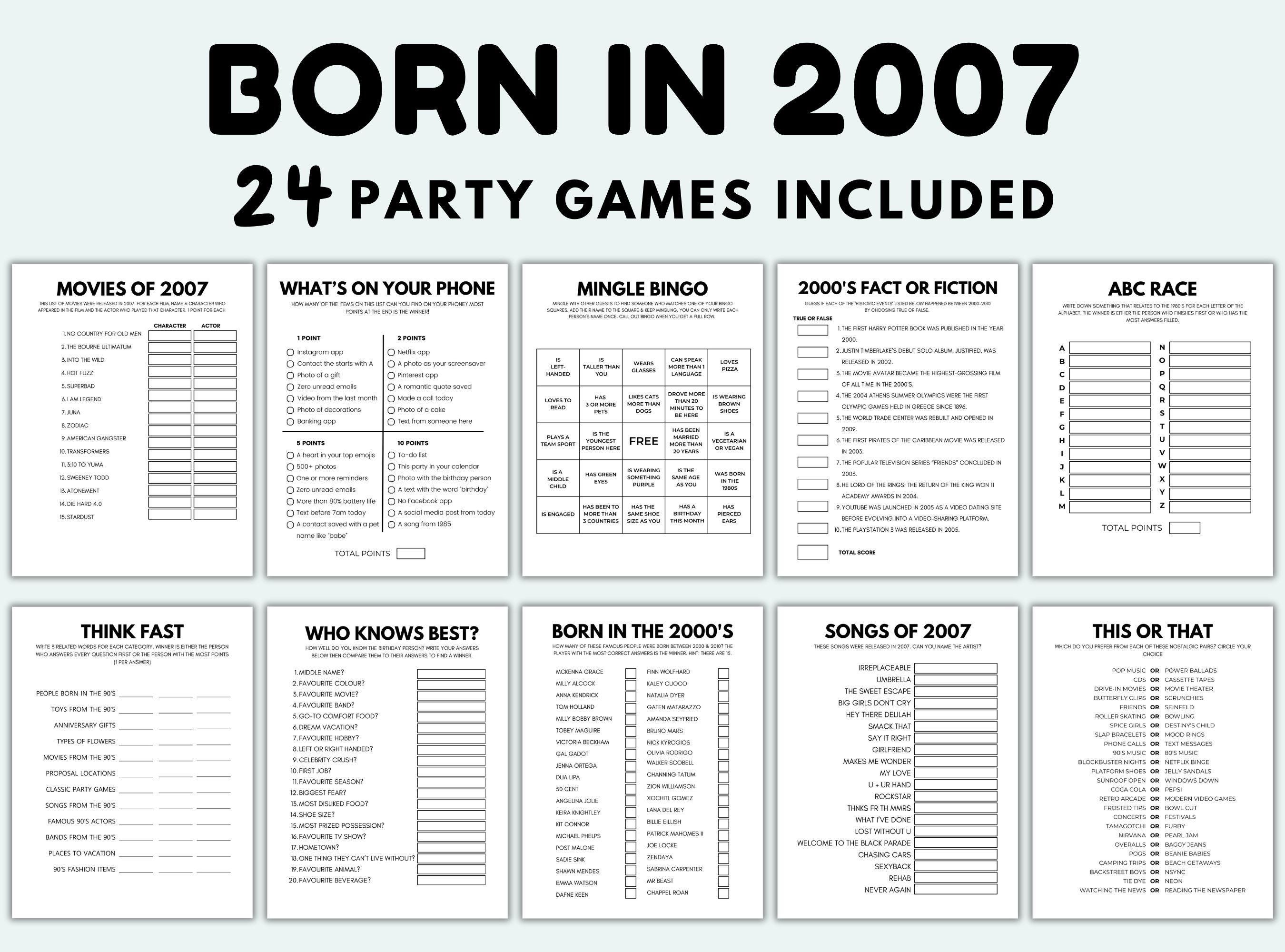 18th Birthday Games Printable Born in 2007 Games Born in 2007 Birthday ...