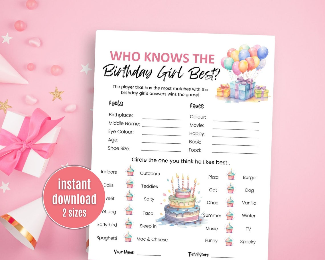 Who Knows the Birthday Girl Best Party Game Printable Party Games for ...