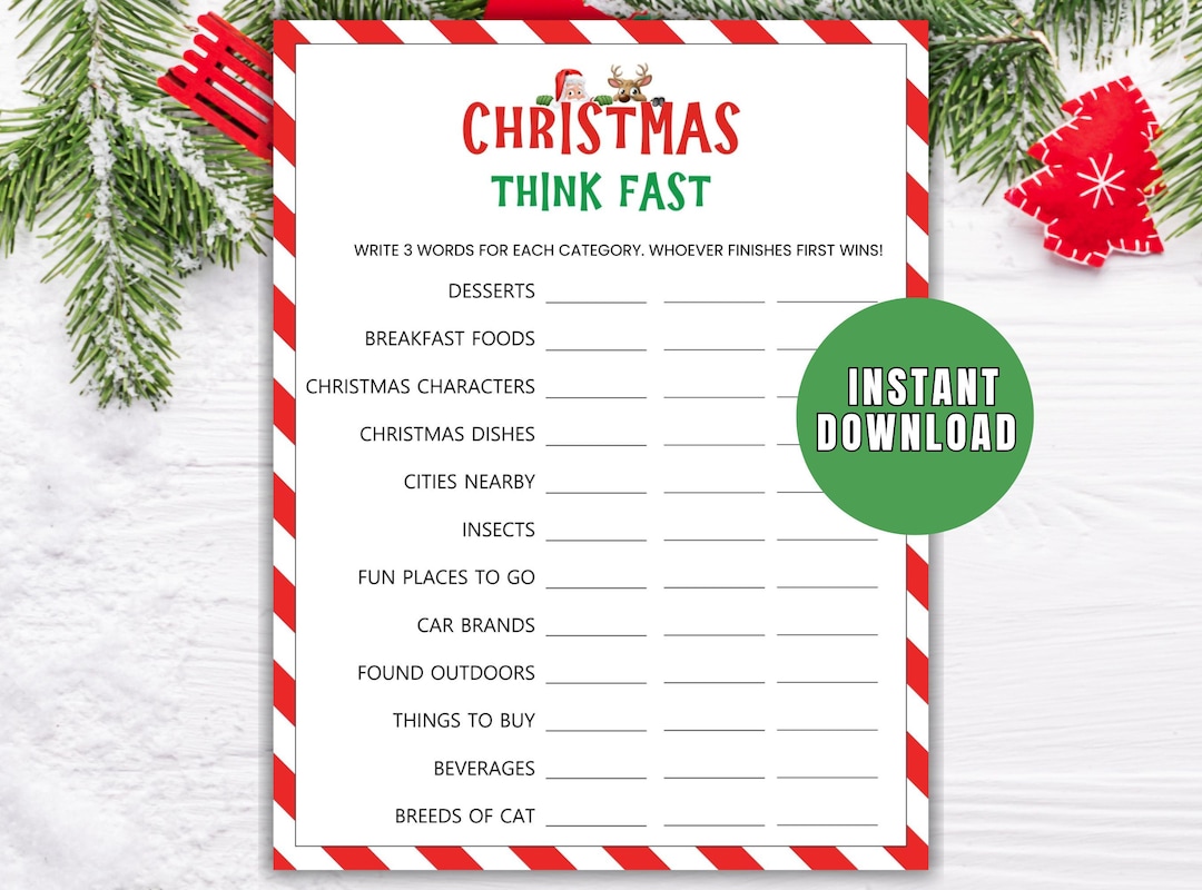 Christmas Think Fast Game Printable Christmas Game Christmas Party Game ...