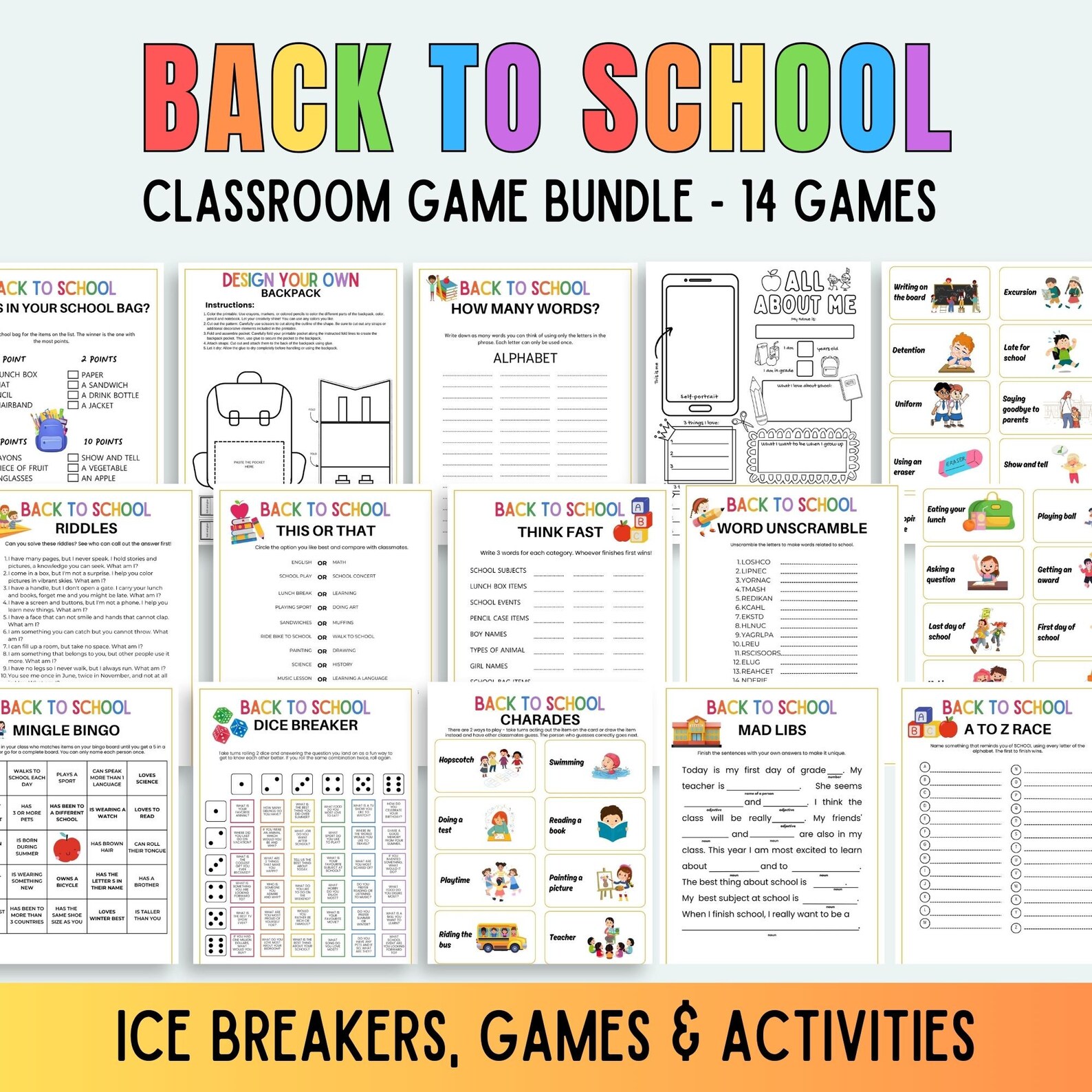 Back to School Games Bundle Printable First Day of School Icebreakers ...