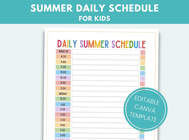 Daily Summer Schedule for Kids Summer Schedule Printable Daily ...