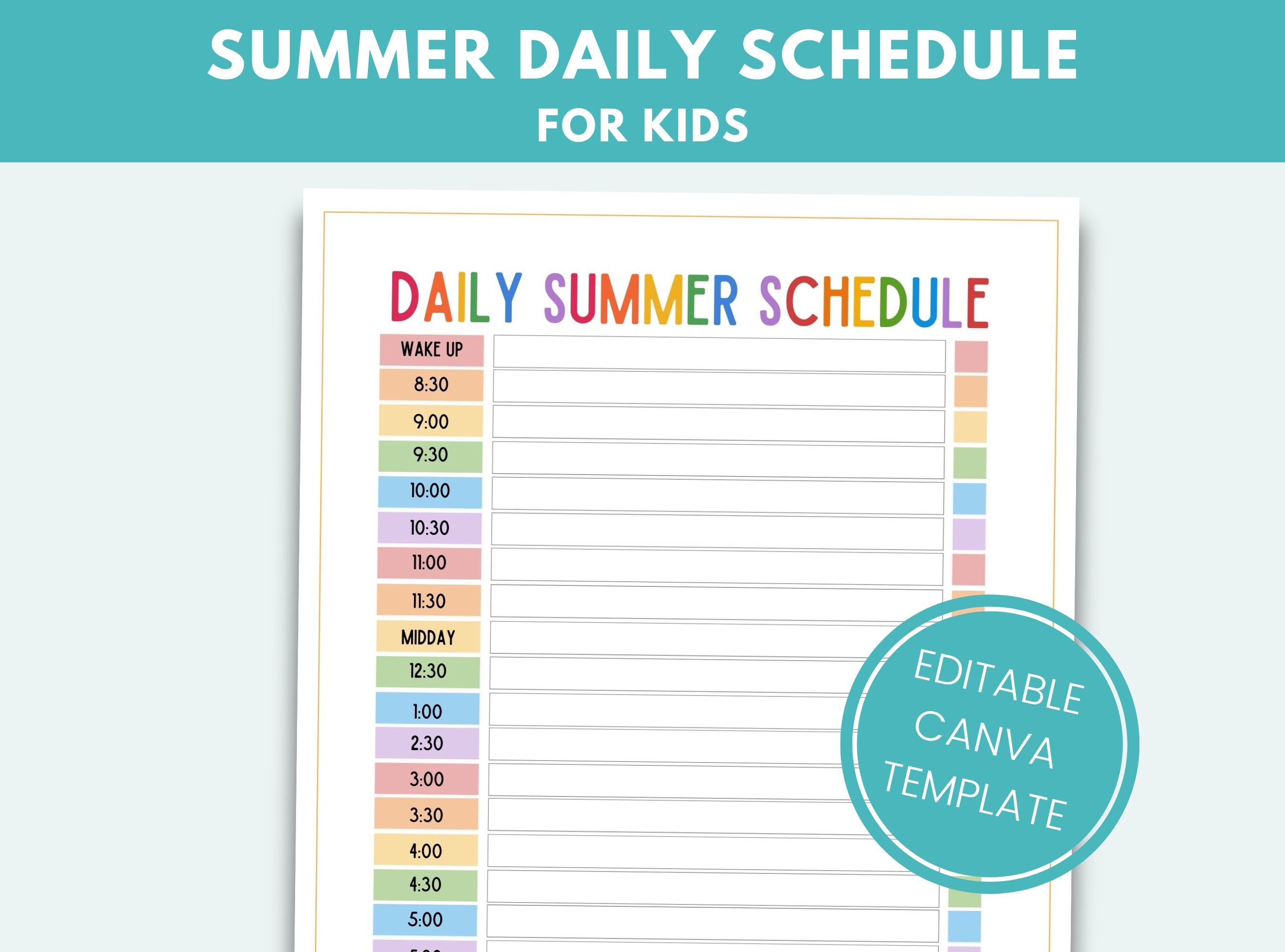 Daily Summer Schedule for Kids Summer Schedule Printable Daily ...