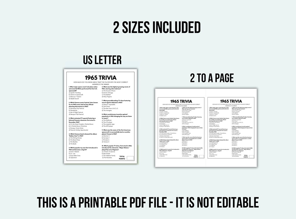 1965 Trivia Game Printable 60th Birthday Games Born in 1965 Game ...