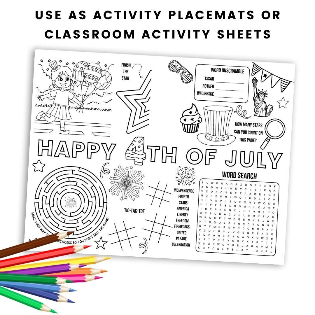 4th of July Activity Placemat Printable Independence Day Coloring ...