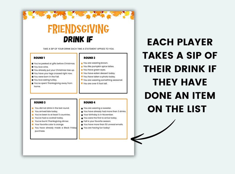 Friendsgiving Drink If Game Printable Thanksgiving Game Thanksgiving ...