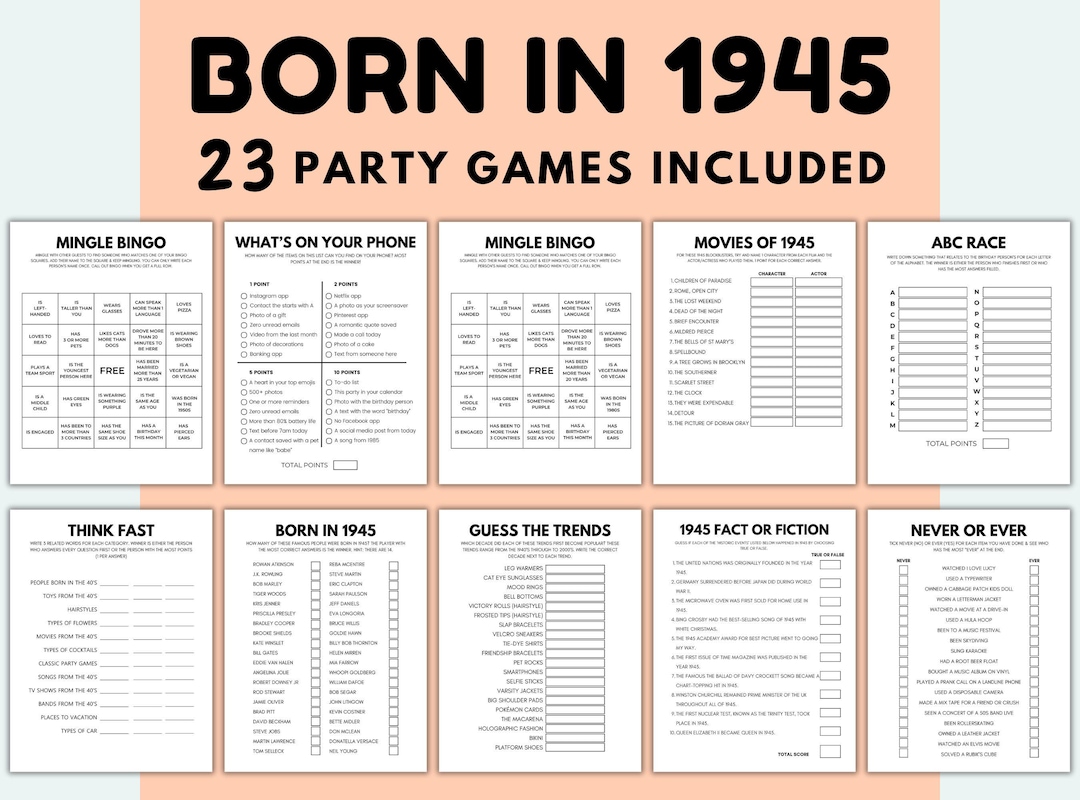80th Birthday Games Printable Born in 1945 Games Born in 1945 Birthday ...