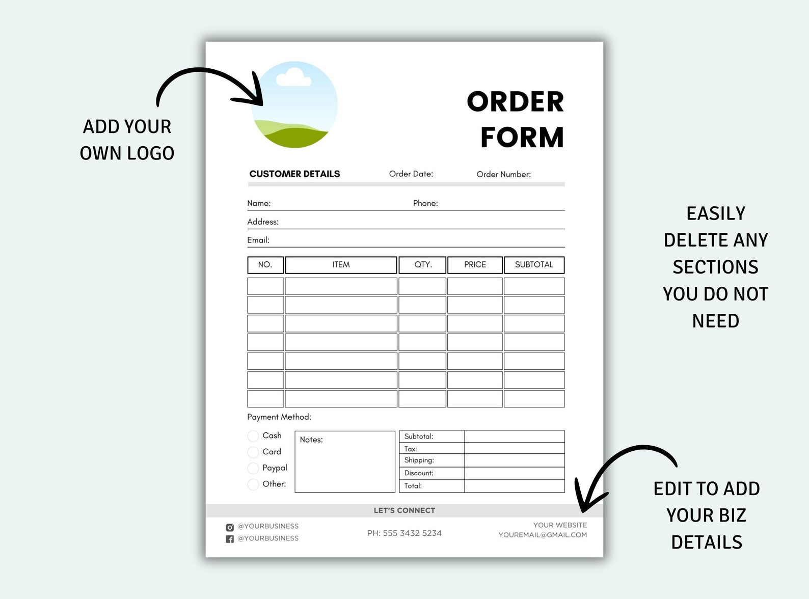 Editable Order Form Template Purchase Order Form Template Fillable ...