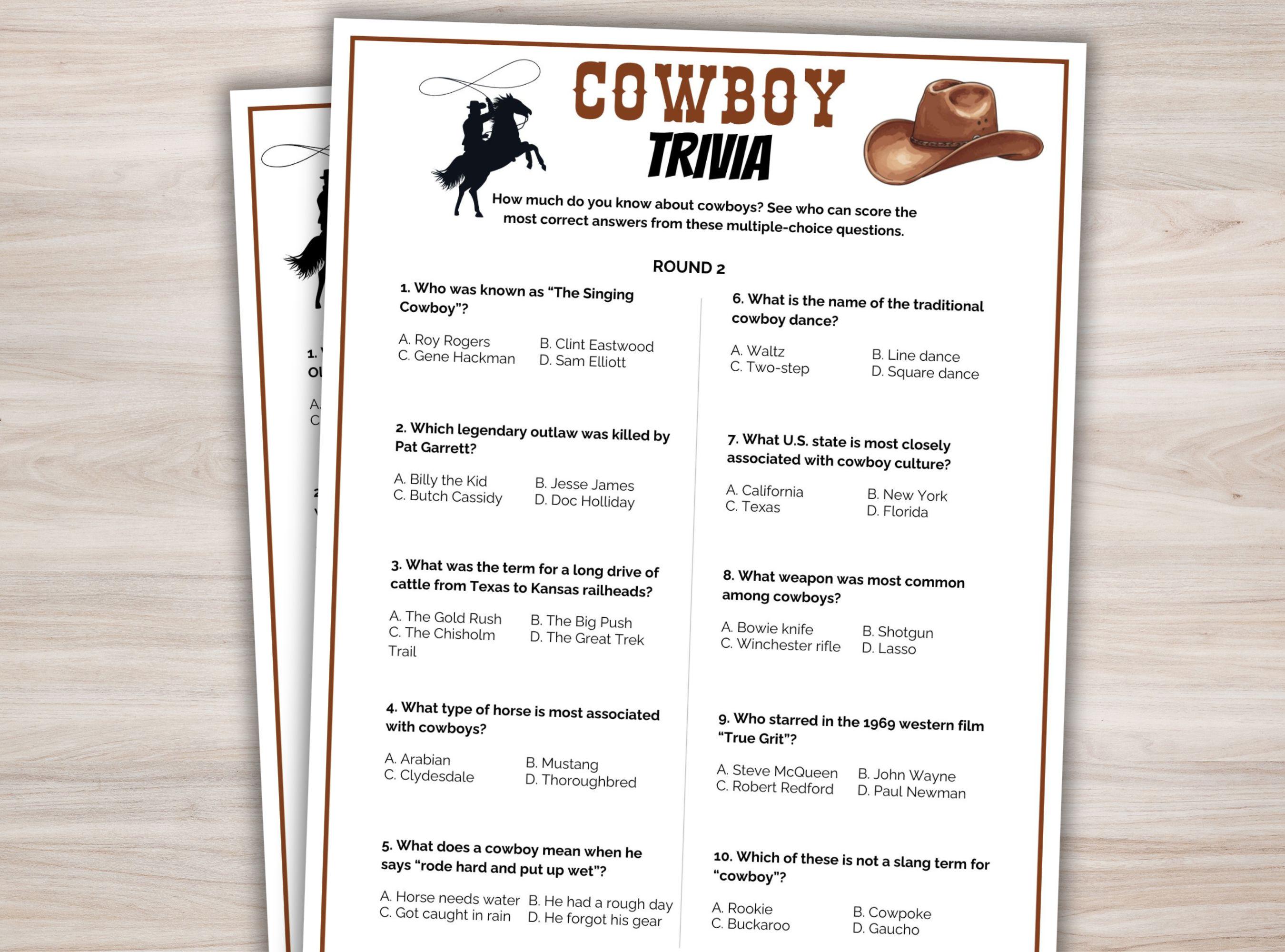 Cowboy Trivia Cowboy Party Game Printable Cowboy Game Cowboy Quiz ...