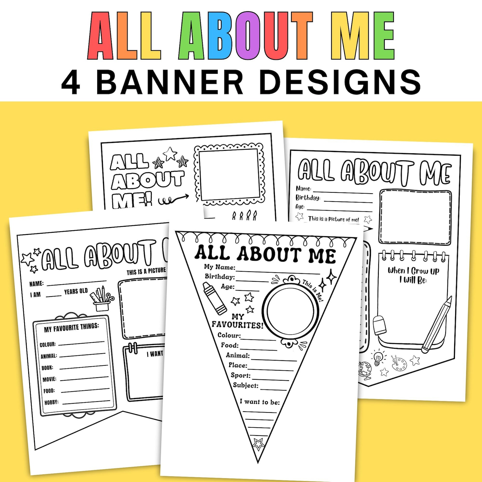 All About Me Banner Bundle First Day of School Printable Back to School ...