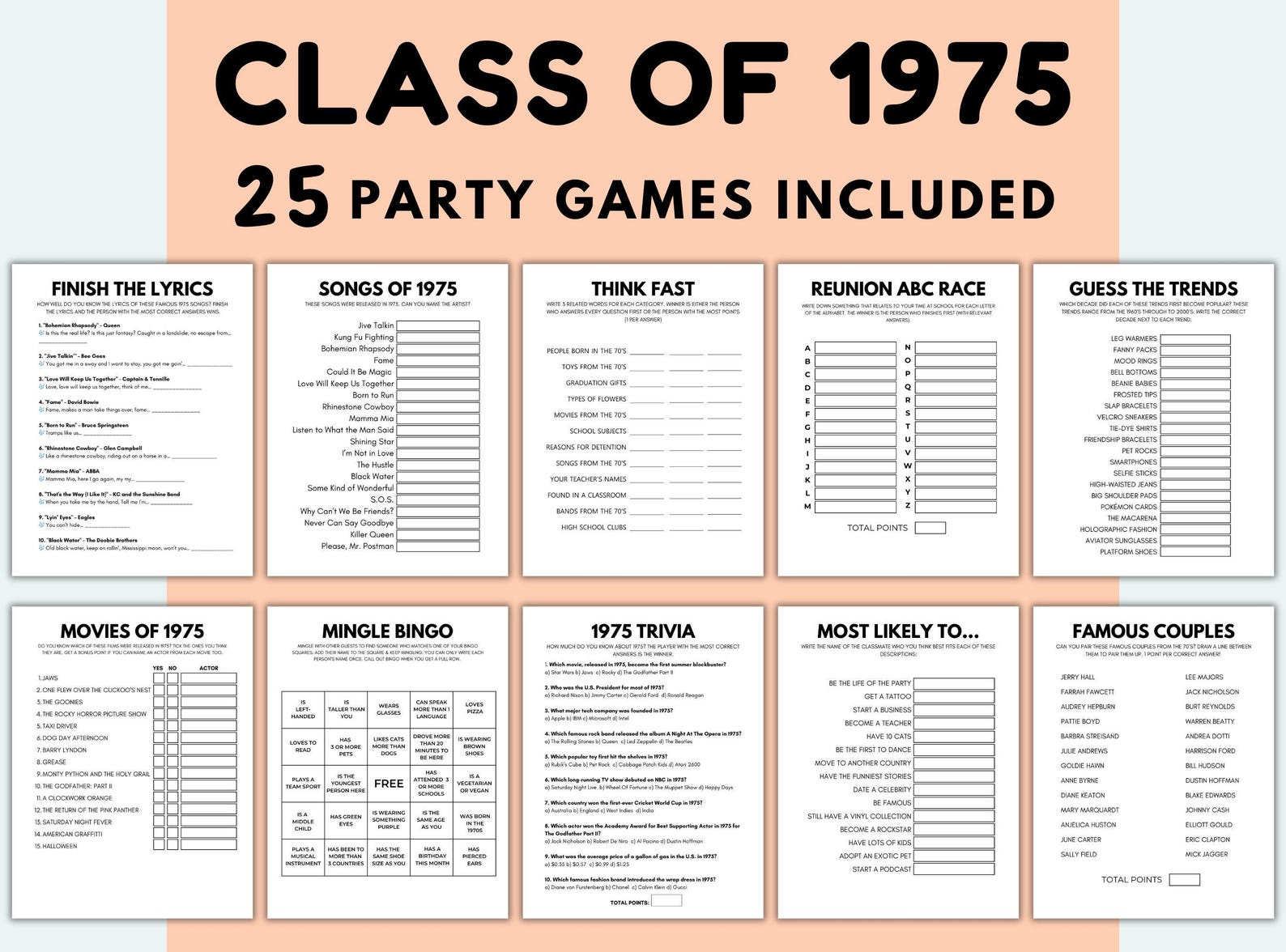 50th Reunion Games Printable Class of 1975 Games Graduated in 1975 ...