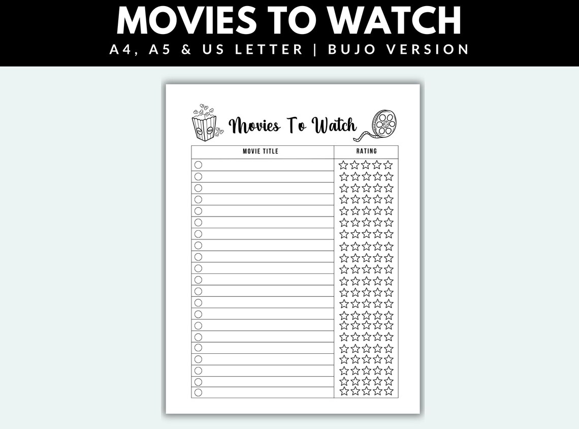 Movies to Watch Printable Bullet Journal Page PDF Movie Tracker BUJO ...