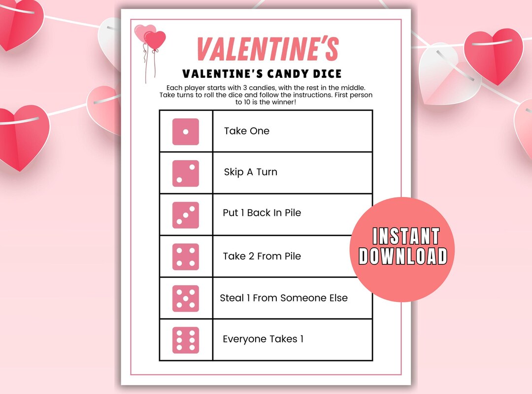 Valentines Candy Dice Game Printable Valentine's Day Game Candy Dice ...