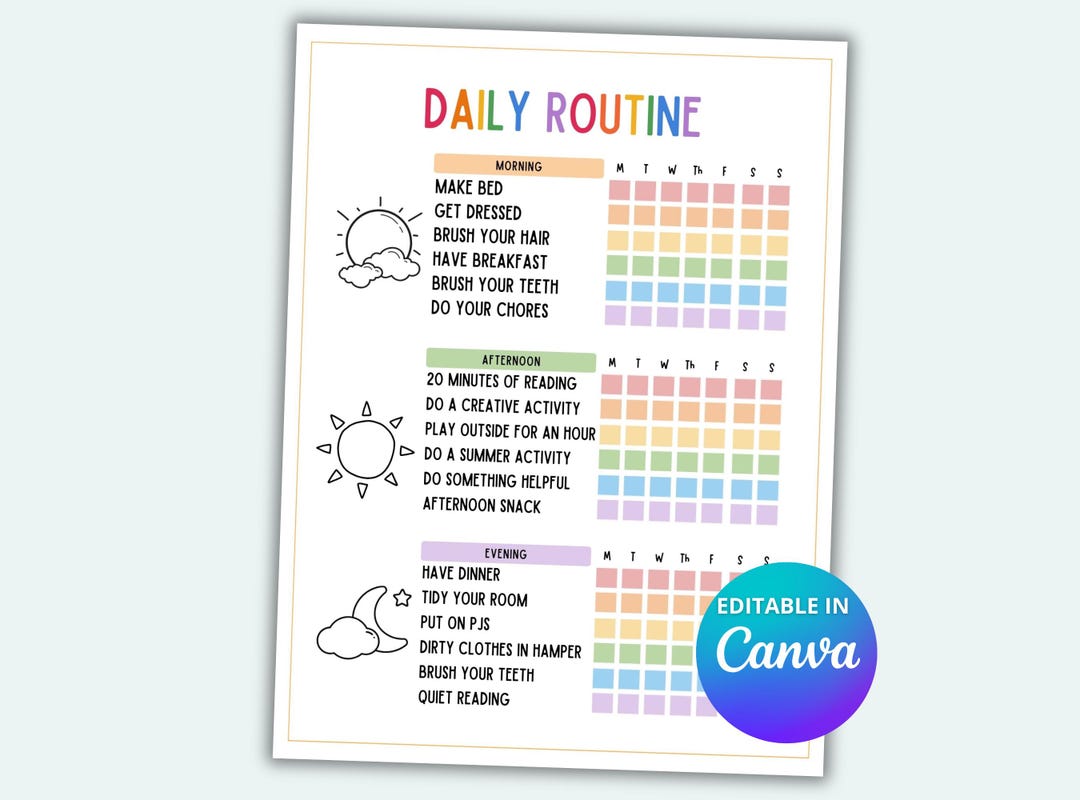 Daily Summer Routine for Kids Printable Summer Schedule Daily Checklist ...