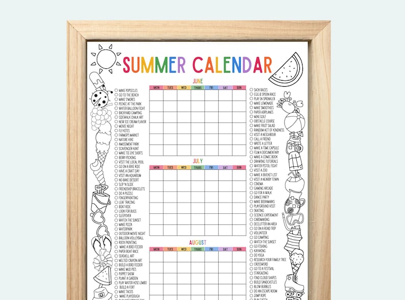 Printable Summer Calendar 2025 Summer Activities Calendar Summer ...
